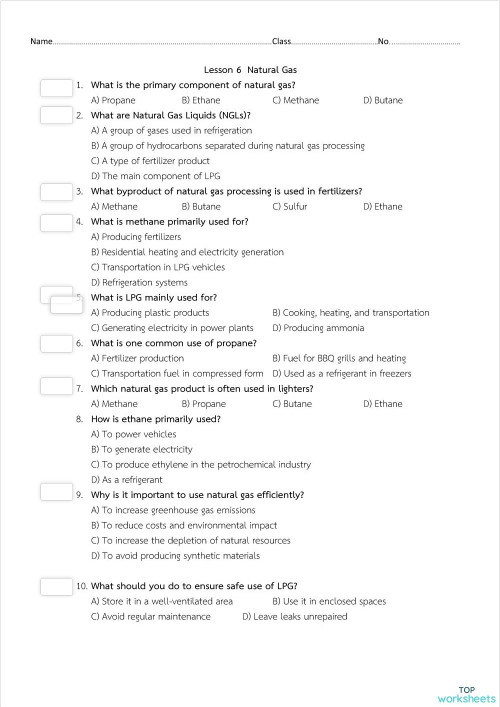 Lesson 6 natural Gas ใบงานเชิงโต้ตอบ | TopWorksheets