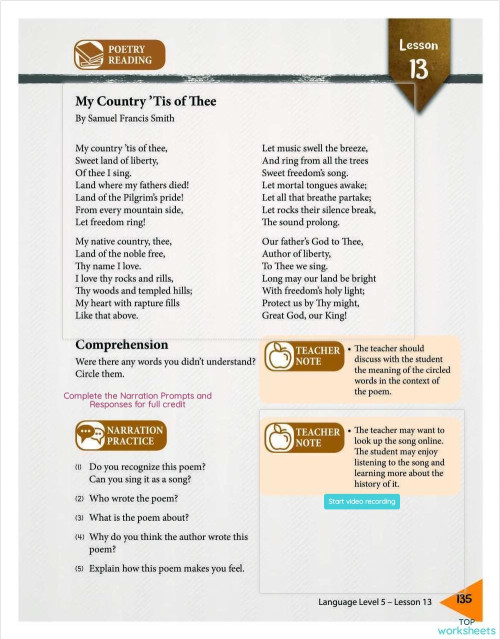 Lesson 13: Poetry Reading Pg 135. Interactive worksheet | TopWorksheets