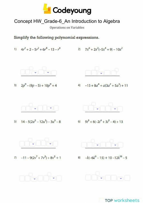 Operations on Variables Concept HW. Interactive worksheet | TopWorksheets