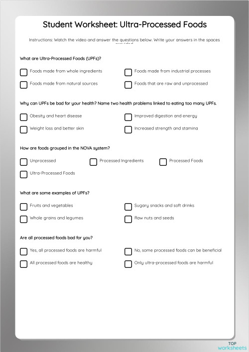 Student Worksheet: Ultra-Processed Foods. Interactive worksheet ...
