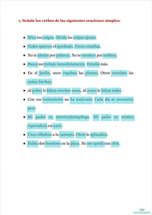 LOS VERBOS Y SU CONJUGACIÓN. Ficha interactiva | TopWorksheets