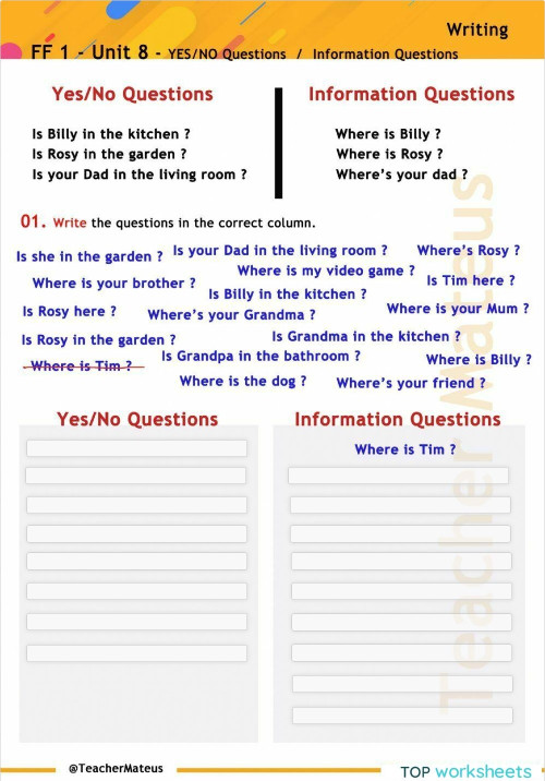 FF 1 - Unit 08 - To be - YES NO VS Information Questions - Writing ...