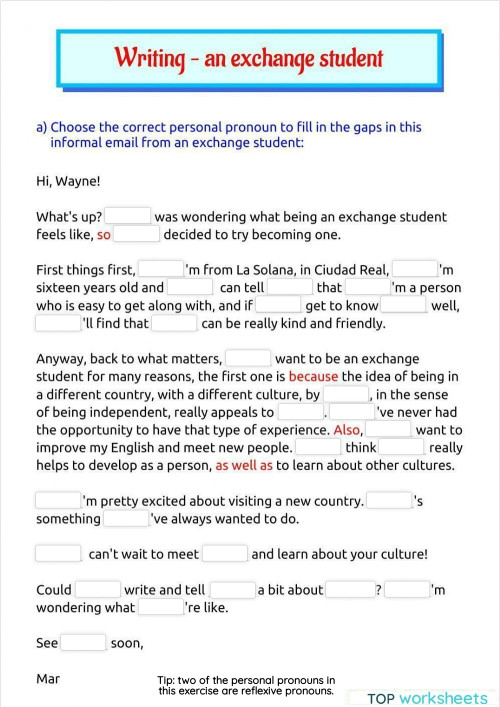 Writing - An exchange student. Interactive worksheet | TopWorksheets
