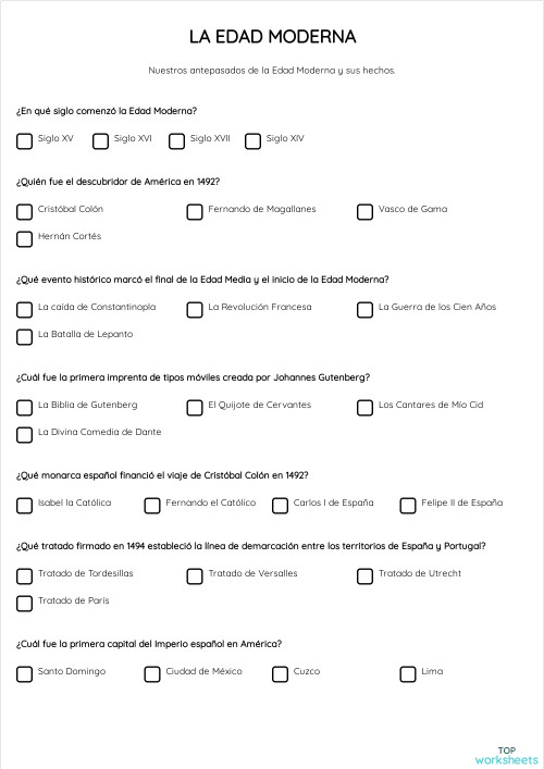 LA EDAD MODERNA. Ficha interactiva | TopWorksheets