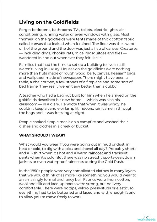 Home Sweet Home on the Australian Goldfields. Interactive worksheet ...