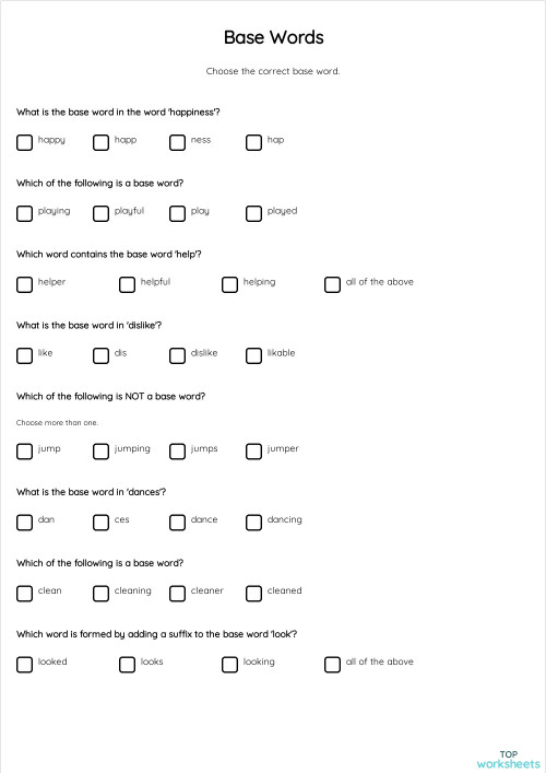Base Words. Interactive worksheet | TopWorksheets