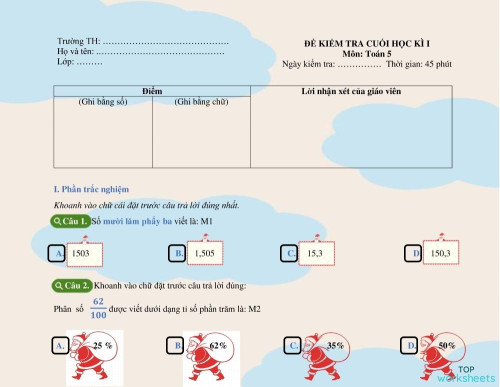 THG-k10 đề thi cuối hki toán lớp 5. Interactive worksheet | TopWorksheets