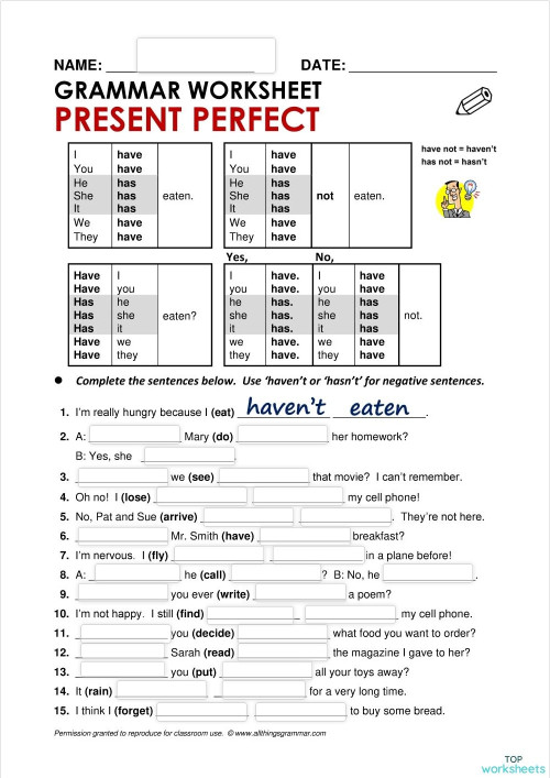 present perfect ใบงานเชิงโต้ตอบ | TopWorksheets