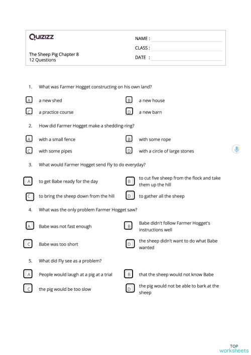 The Sheep Pig Chapter 8. Interactive worksheet | TopWorksheets