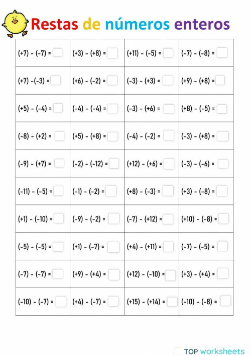 Resta de números enteros. Ficha interactiva | TopWorksheets