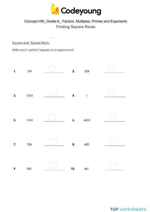 Finding Square Roots Concept HW. Interactive worksheet | TopWorksheets