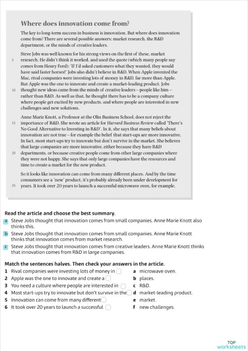 Innovation: reading comprehension activities. Ficha interactiva ...