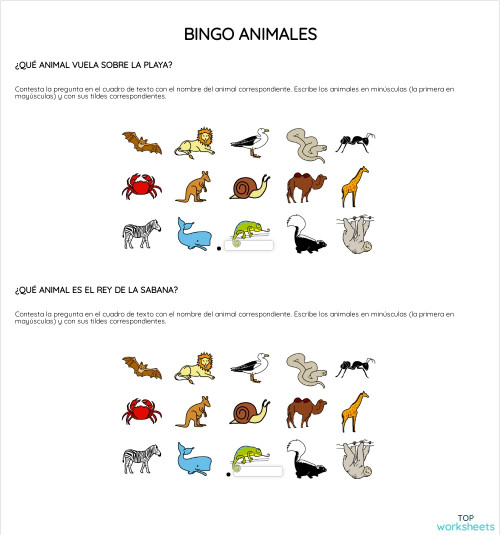 BINGO ANIMALES. Ficha interactiva | TopWorksheets