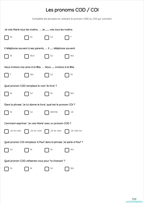 Les pronoms COD / COI. Fiche interactive | TopWorksheets