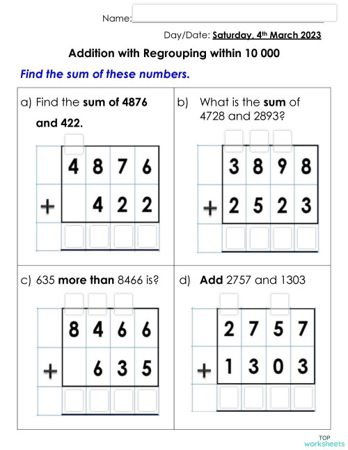 ADDITION WITH REGROUPING WITHIN 10 000. Interactive worksheet | TopWorksheets