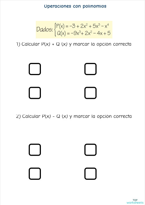 Operaciones con polinomios. Ficha interactiva | TopWorksheets