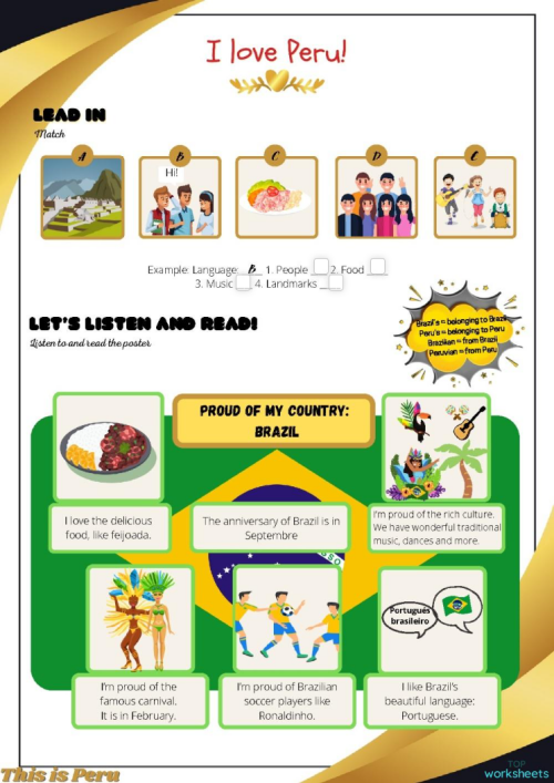 Exp 9.4 Pre- A1 I LOVE PERU!!. Interactive worksheet | TopWorksheets