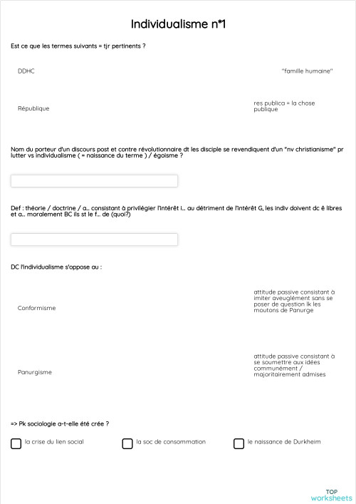 Individualisme n*1. Fiche interactive | TopWorksheets