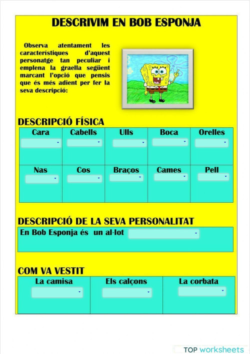 Descripció de'n bob esponja. Fitxa interactiva | TopWorksheets