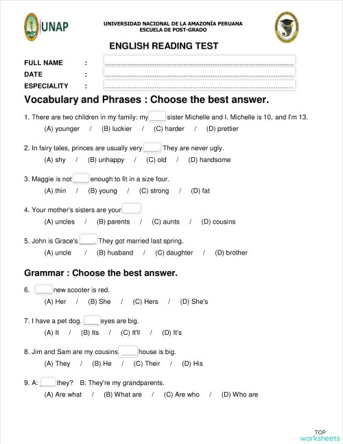 English Reading test 1 (Group 7). Interactive worksheet | TopWorksheets