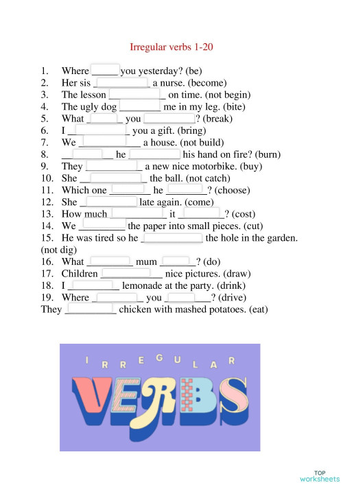 Irregular Verbs 1 20 Interactive Worksheet Topworksheets