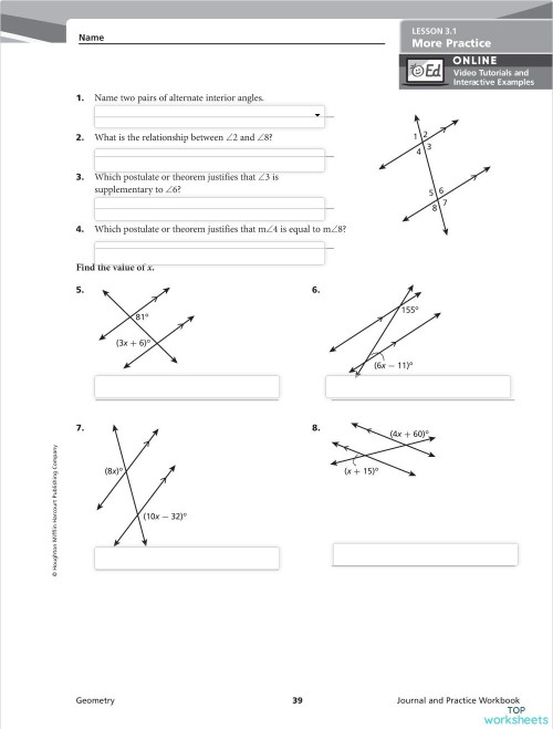 Parallel Lines cut by a Transversal. Interactive worksheet | TopWorksheets