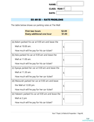 Parking Rate Problem. Interactive worksheet | TopWorksheets