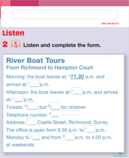 LISTENING- RIVER BOAT TOURS (THE TIME, BRITISH MONEY). Interactive ...
