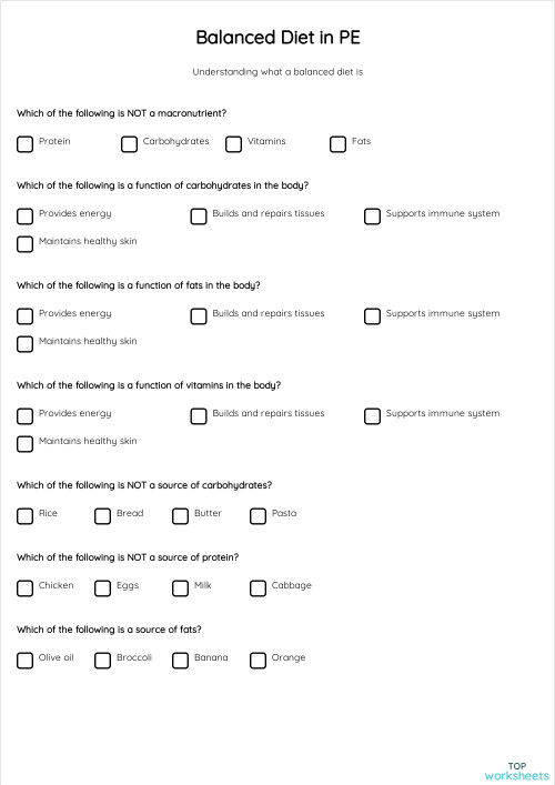 Balanced Diet in PE. Interactive worksheet | TopWorksheets