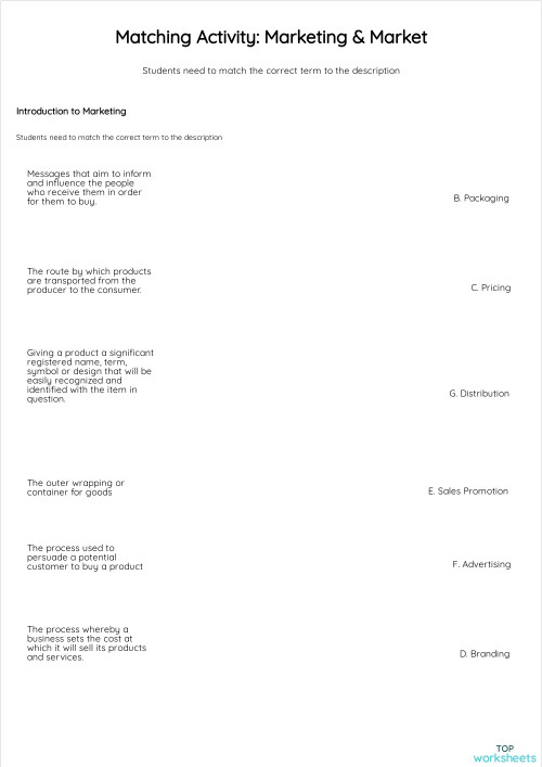 Matching Activity: Marketing & Market. Interactive worksheet ...