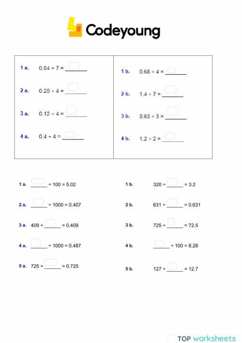 Division of Decimals Concept CW. Interactive worksheet | TopWorksheets
