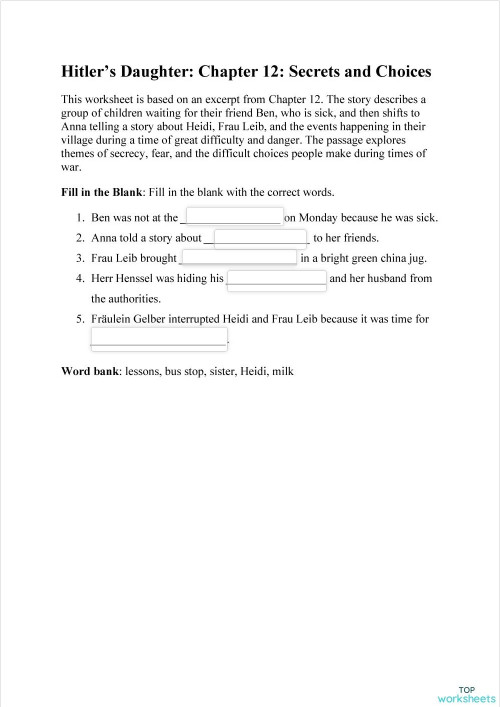 Hitler's Daughter Chapter 12 Quiz. Interactive worksheet | TopWorksheets