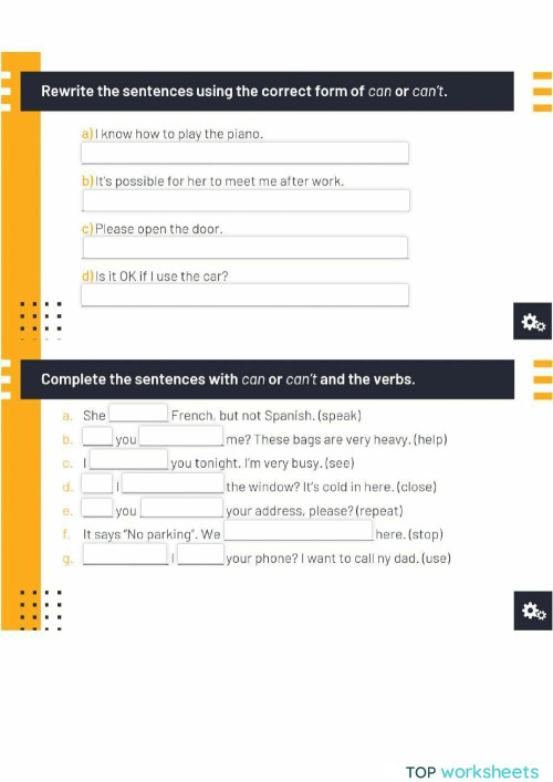 (2T) Grammar - Can and can't. Interactive worksheet | TopWorksheets