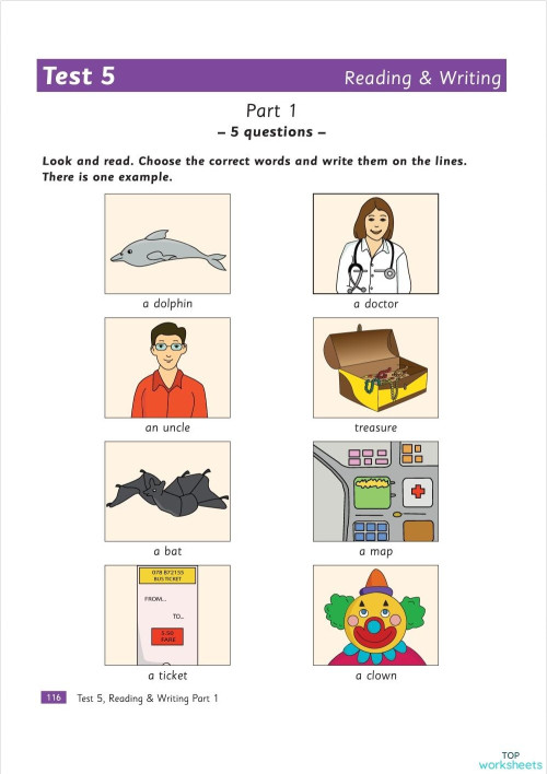 2018 YLE Movers. Test 5. P1,2 (R&W). Interactive worksheet | TopWorksheets