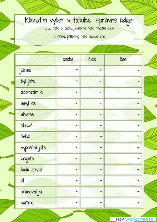 Slovesa: interaktivní pracovní listy a online cvičení | TopWorksheets