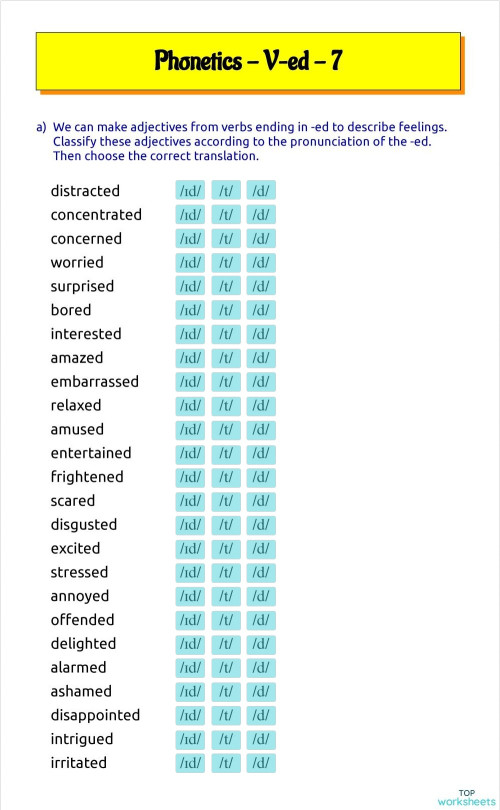 Phonetics - V-ed - 7 - Feelings. Interactive worksheet | TopWorksheets
