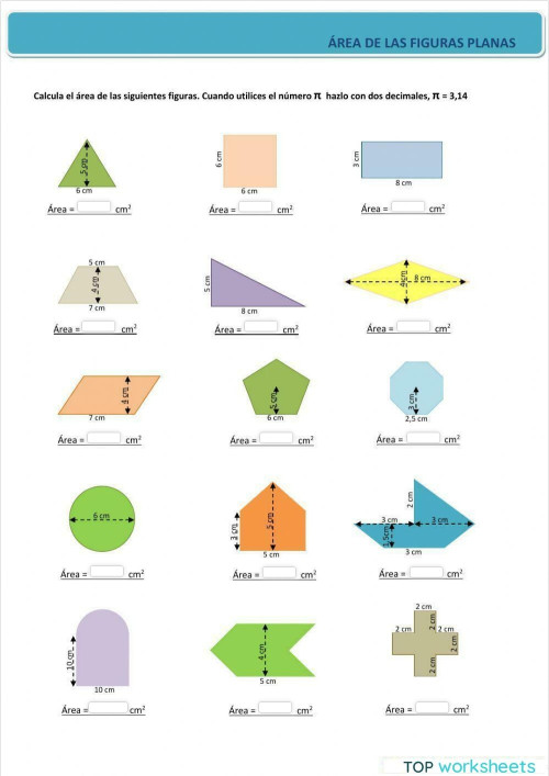 Área de las figuras planas. Ficha interactiva | TopWorksheets