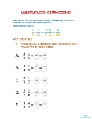 Multiplicación de fracciones. Ficha interactiva | TopWorksheets