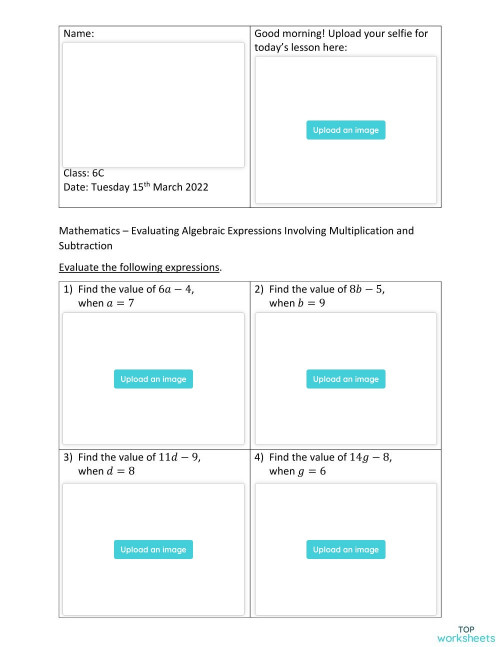 Evaluate Algebraic Expressions Involving Multiplication and Subtraction ...
