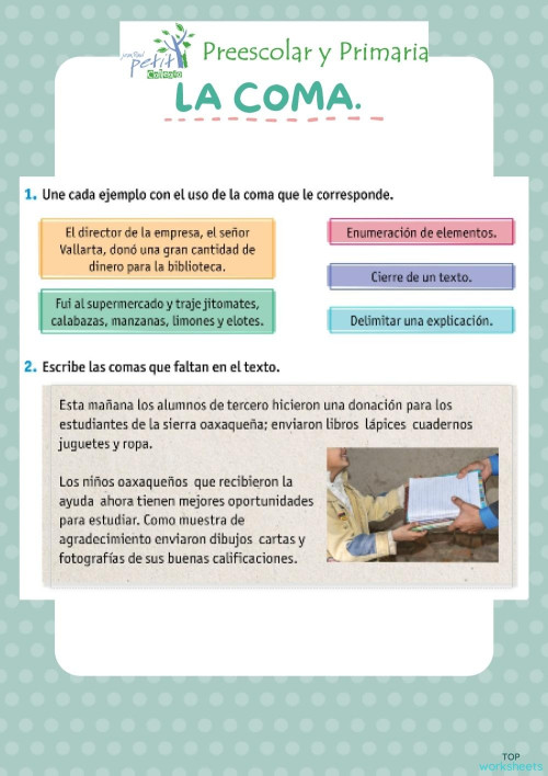 La coma, actividad en clase. Ficha interactiva | TopWorksheets