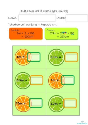 Pertukaran unit panjang. Interactive worksheet | TopWorksheets