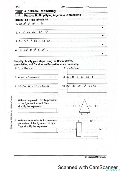 Practice B Simplifying Algebraic Expressions