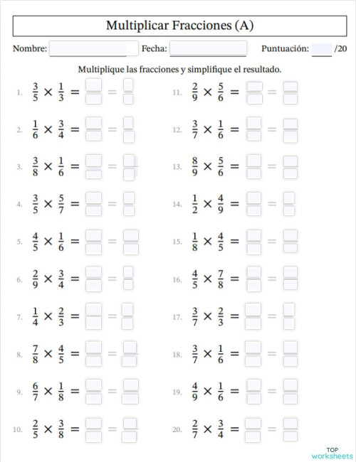 Multiplicaciones Fracciones. Ficha interactiva | TopWorksheets