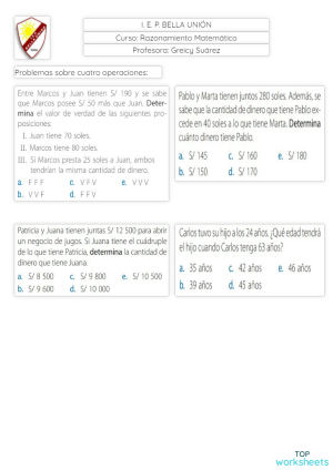 PROBLEMAS SOBRE 4 OPERACIONES. Ficha interactiva | TopWorksheets