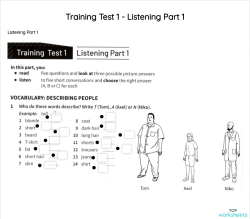 Training Test 1 - Listening Part 1. Interactive worksheet | TopWorksheets