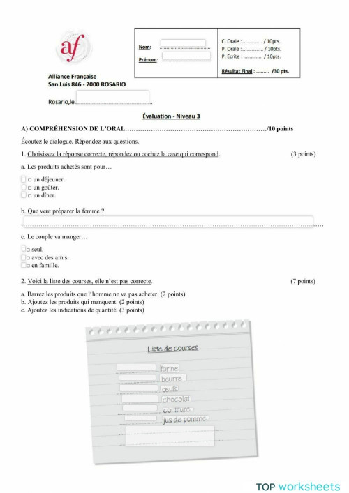 Evaluation N°3. Fiche interactive | TopWorksheets