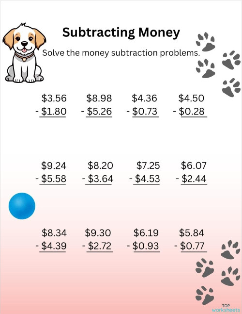Subtracting Money. Interactive worksheet | TopWorksheets