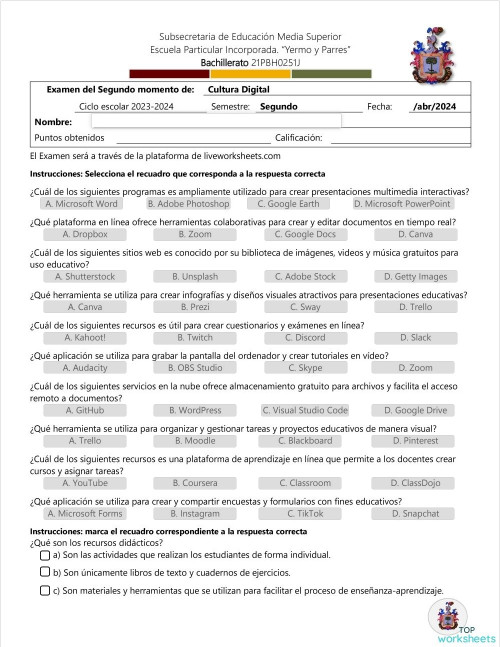 EVALUACIÓN MOM. 1 CULTURA DIGITAL. Ficha interactiva | TopWorksheets