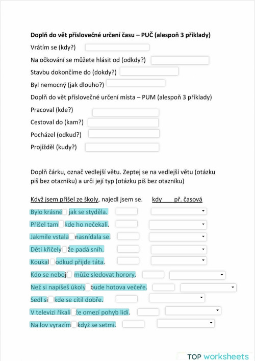 Čeština: interactive worksheets and online exercises | TopWorksheets