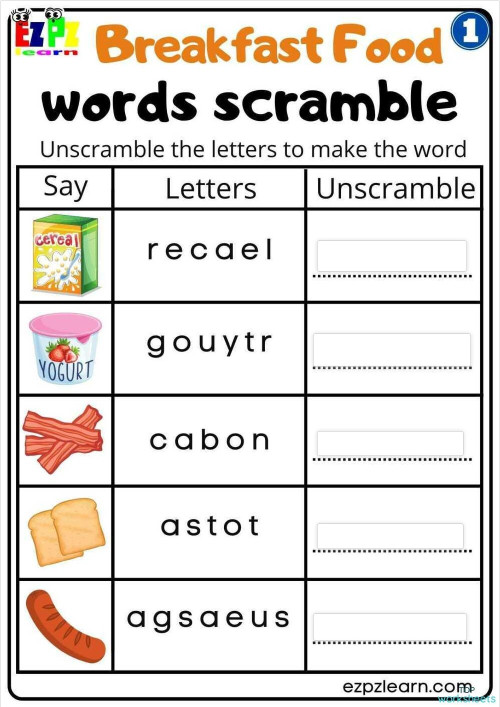 BREAKFAST FOOD WOEDS SCRAMBLE. Interactive worksheet | TopWorksheets